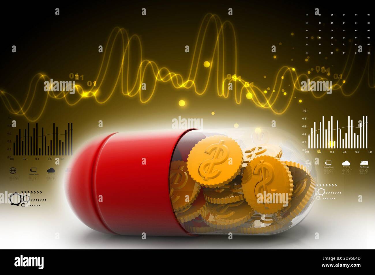 3d illustration of pill filled with dollar coin Stock Photo - Alamy