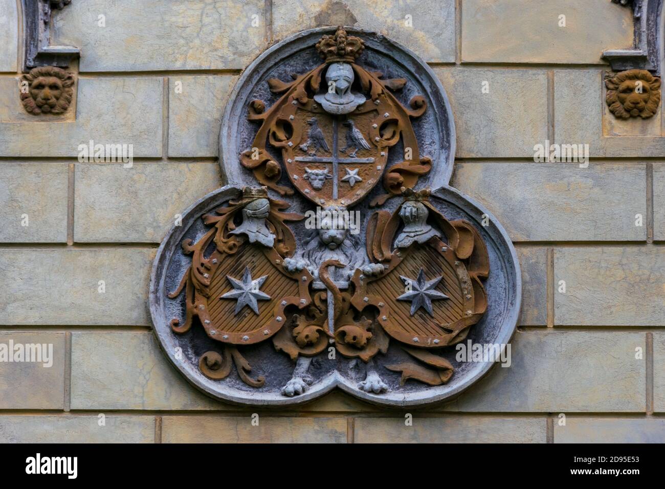 A wall sculpture illustrating shields and worrier helmet, Sturdza ...
