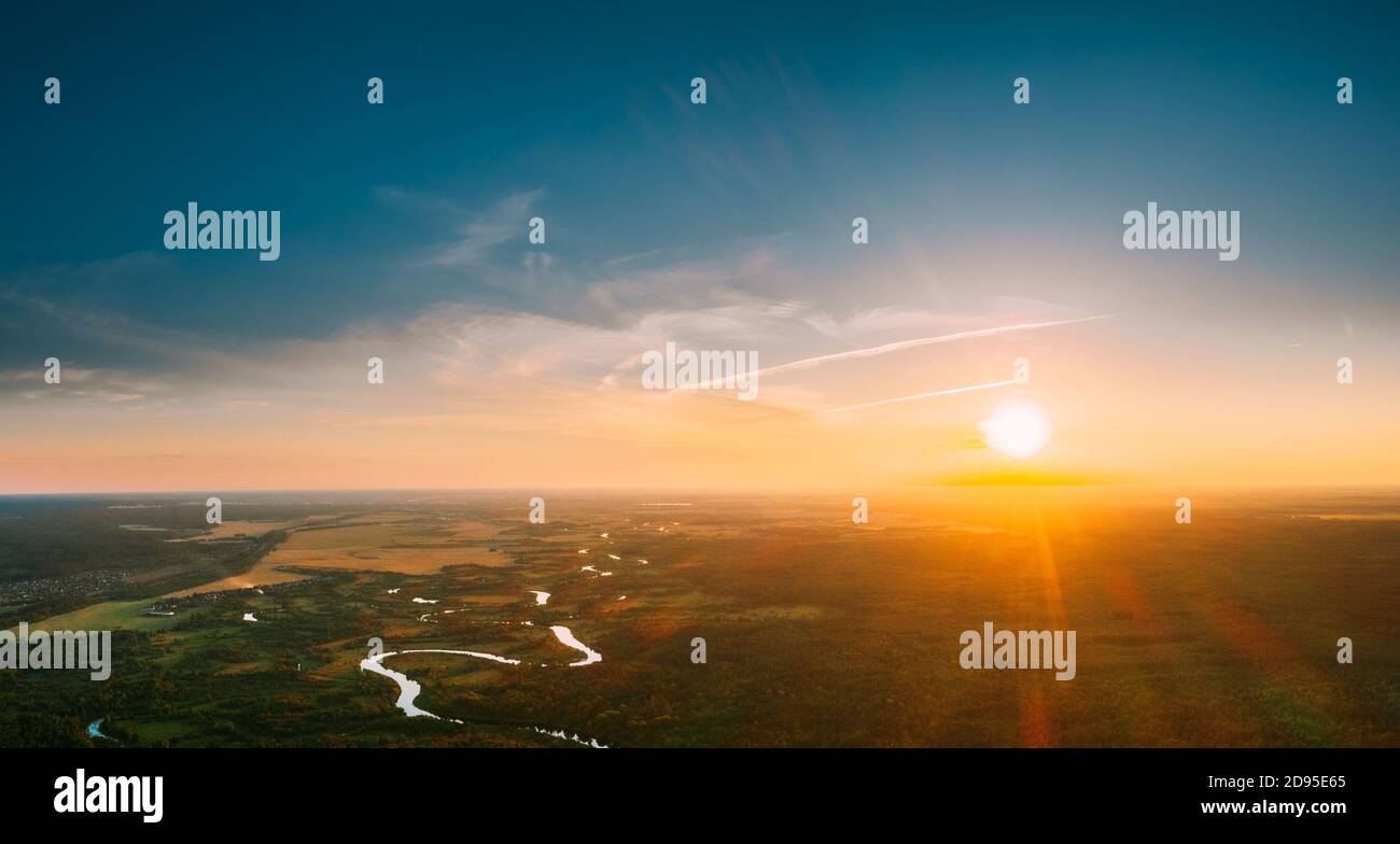 Belarus. Aerial View. Beautiful Sunset Sun Sunshine Above Summer Green ...