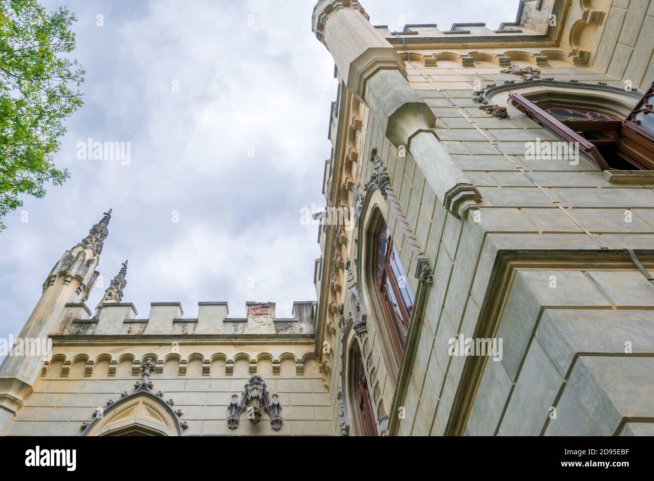 The towers of the Sturdza Castle from Miclauseni, Romania Stock Photo ...