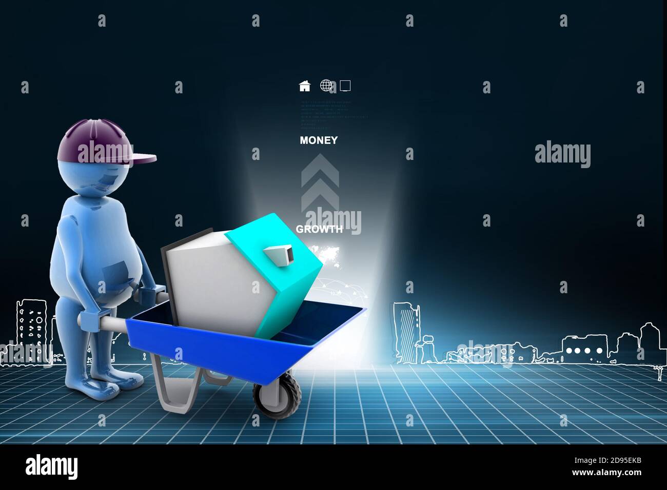 3D multi use construction worker with a wheelbarrow Stock Photo - Alamy