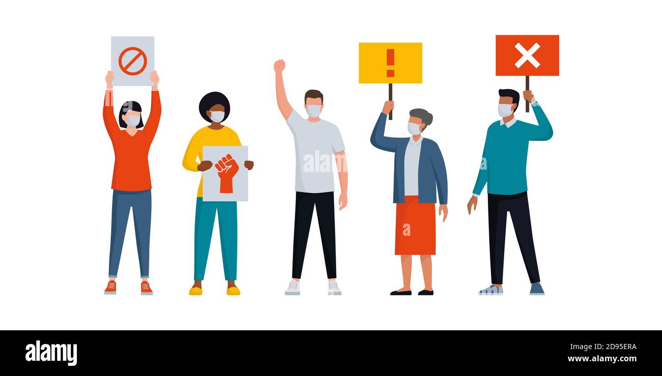 People wearing protective face masks and protesting together, they are ...