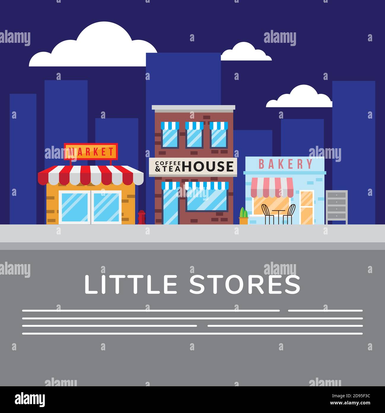 market with coffee house and bakery little stores buildings facades ...