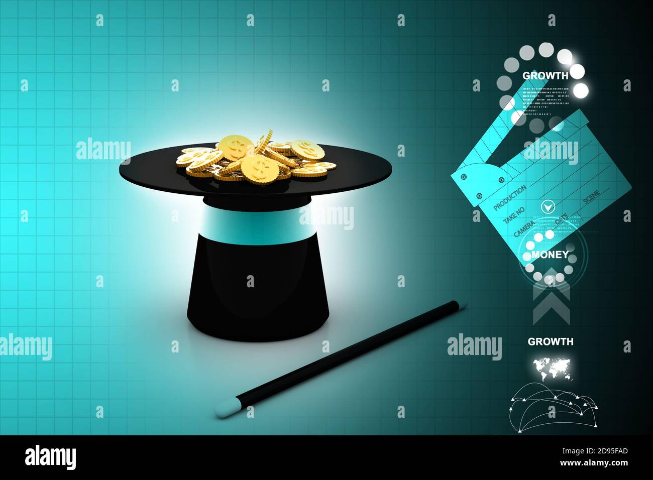 Digital illustration of magic hat and wand with dollar coins Stock ...
