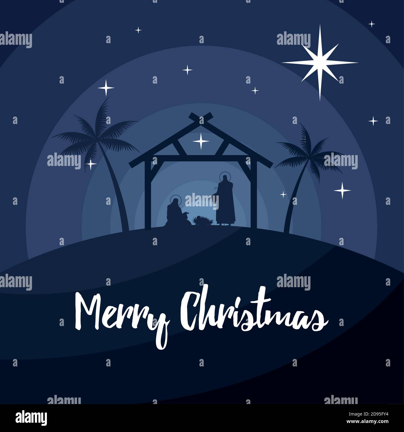 happy merry christmas lettering with holy family in stable silhouette ...