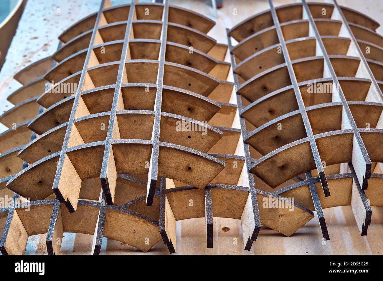 Joinery. MDF frames for bending plywood in workshop. Bend furniture ...