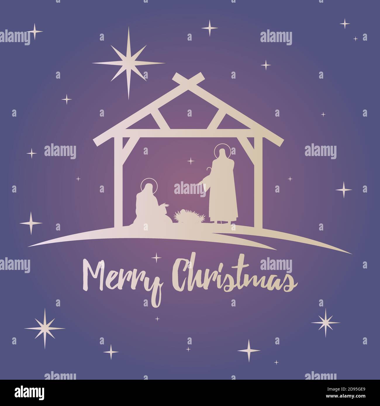 happy merry christmas lettering with holy family in stable silhouette ...