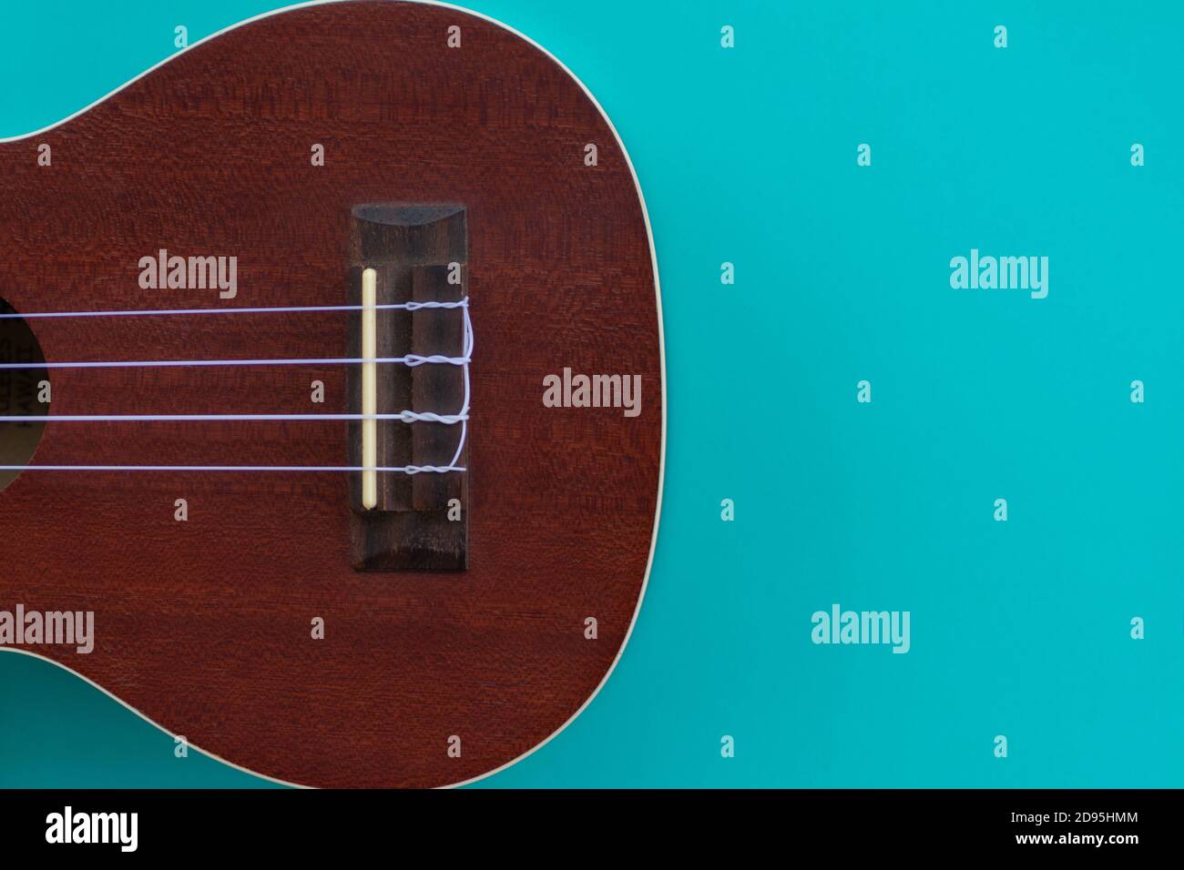 Closeup shot of a ukulele soundboard part on a turquoise background ...