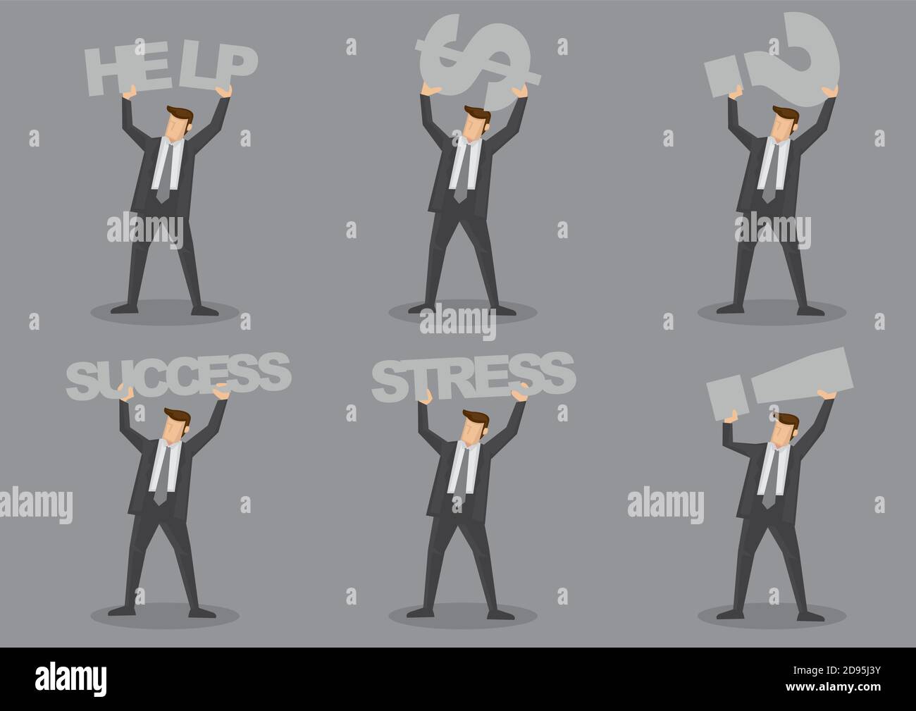 Cartoon faceless business executive carrying text and symbols signs ...