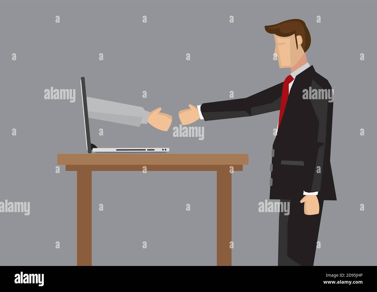 Businessman extend arm for handshake with hand from laptop computer ...