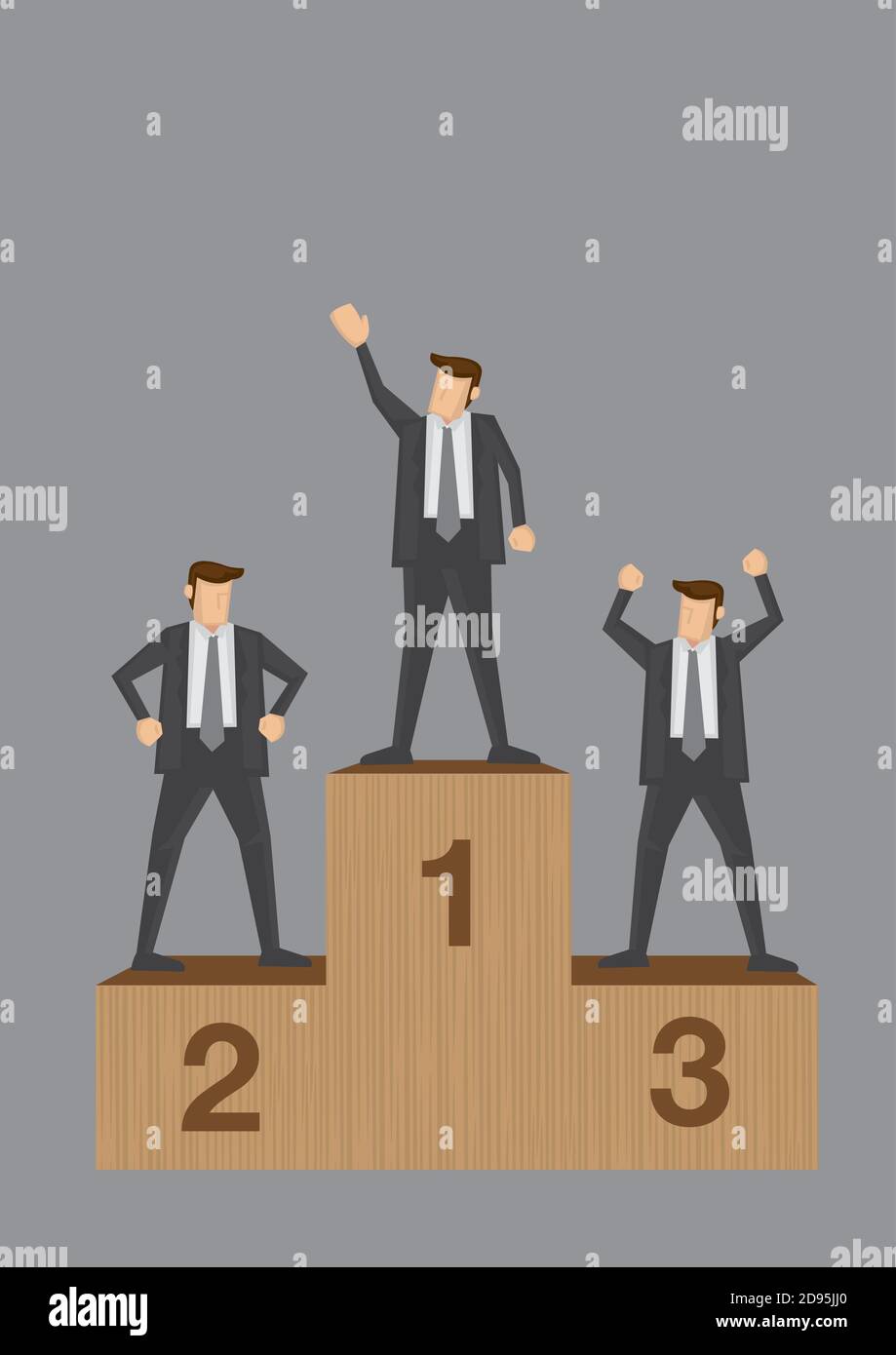Three businessmen standing on sports competition winner platform ...
