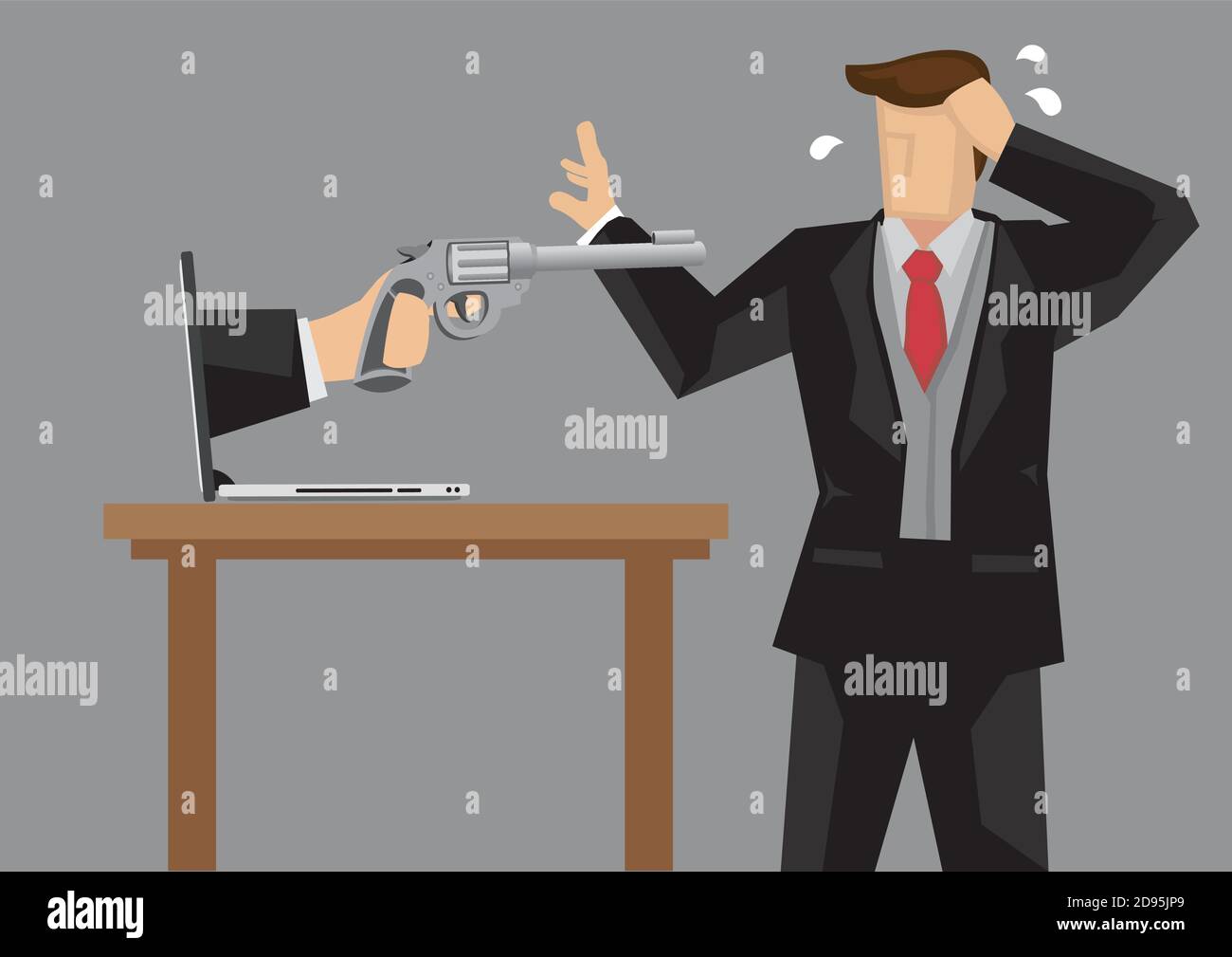 Hand holding gun from computer laptop pointing at panicky businessman ...