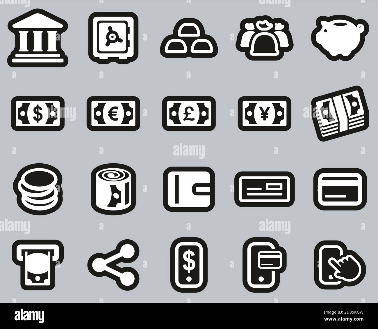 Money Or Currency Icons White On Black Sticker Set Big Stock Vector ...