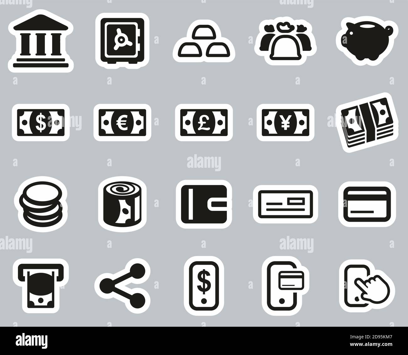 Money Or Currency Icons Black & White Sticker Set Big Stock Vector ...