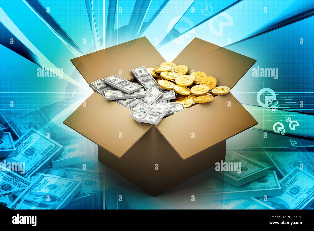 Open Cardboard box with money Stock Photo - Alamy