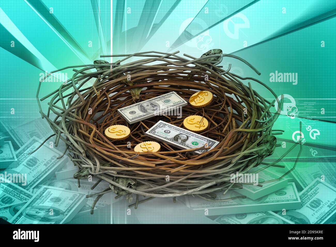 Dollar and coins in being protected in a nest. Conceptual design Stock ...