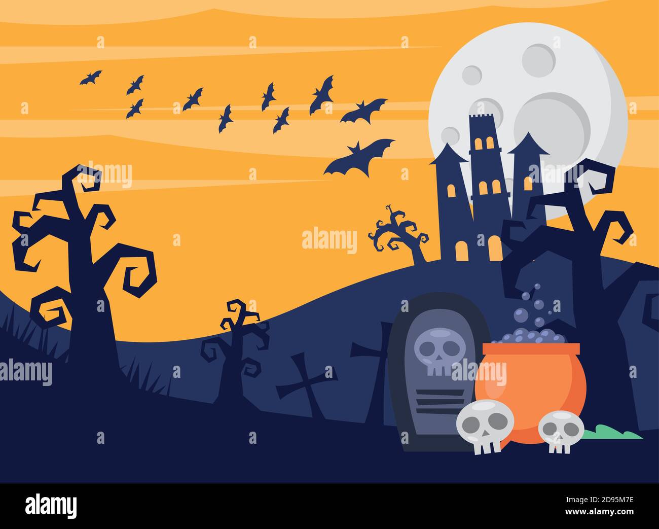happy halloween card with haunted castle and cauldron in cemetery ...