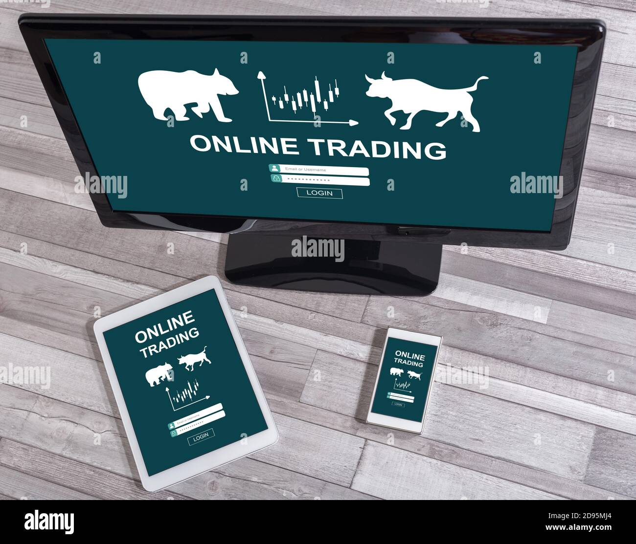 Online trading concept shown on different information technology ...