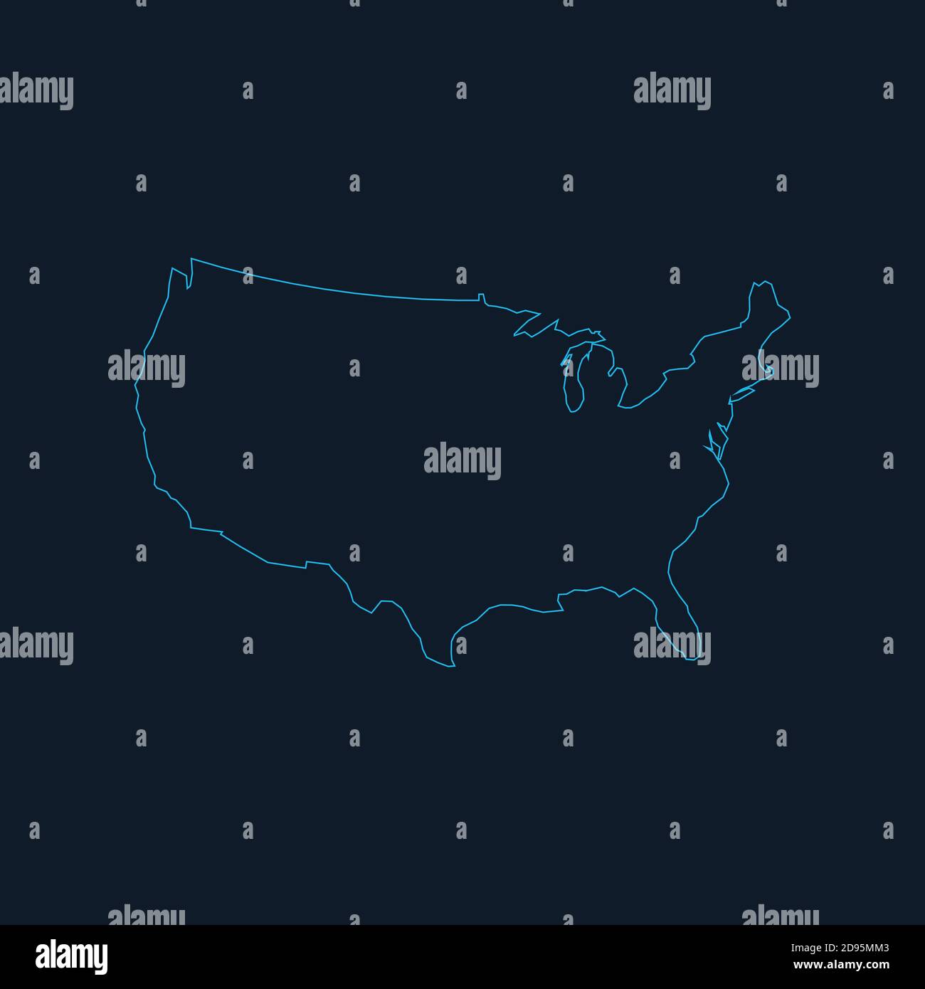 Blue thin line usa map contour outline for teaching or education ...