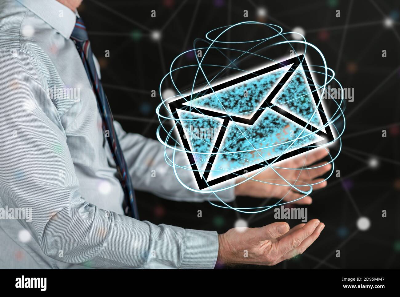 E-mail concept above the hands of a man Stock Photo - Alamy