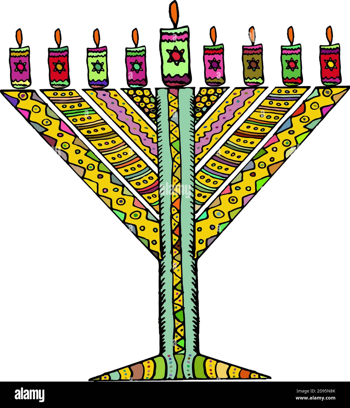 Colorful Hanukkah in the style of doodle. Triangular Chanukiah Chabad ...