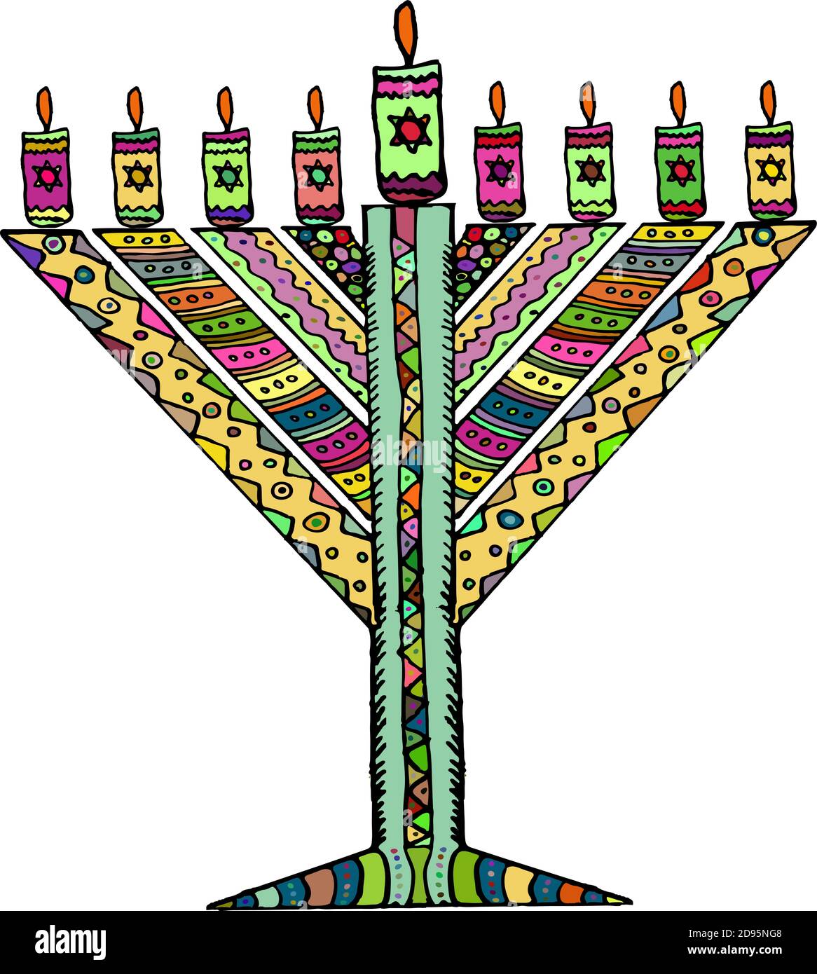 Colorful Hanukkah in the style of doodle. Triangular Chanukiah Chabad ...