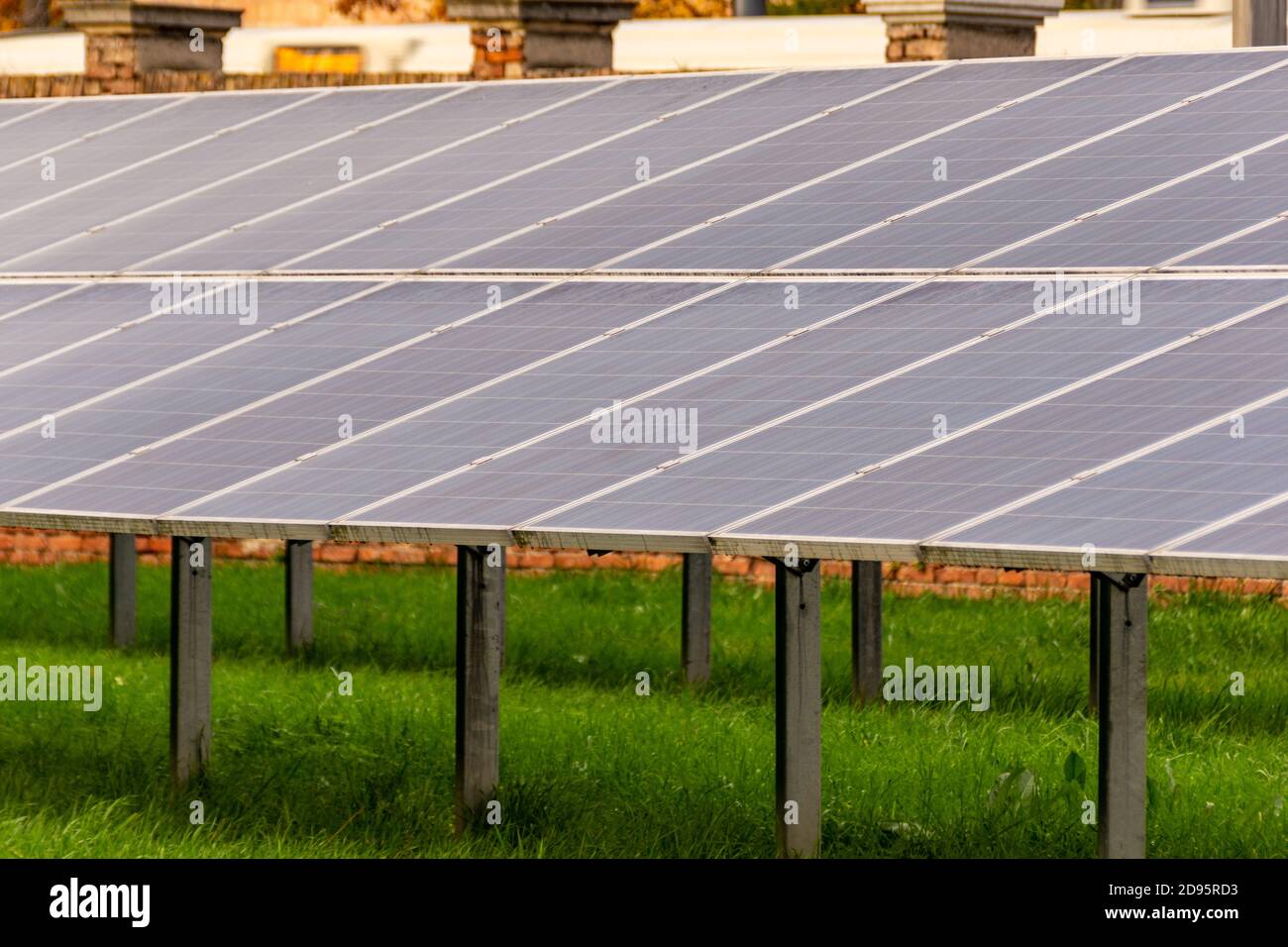 Solar panels (solar cell) in a solar farm with sun lighting to create ...