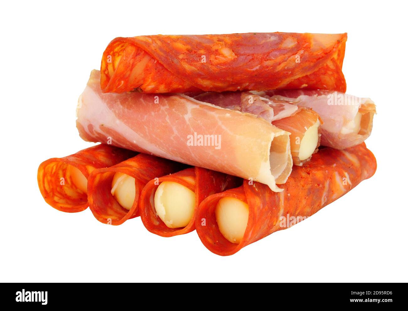 Group of Serrano ham and chorizo rollitos filled with Gouda and Iberico ...