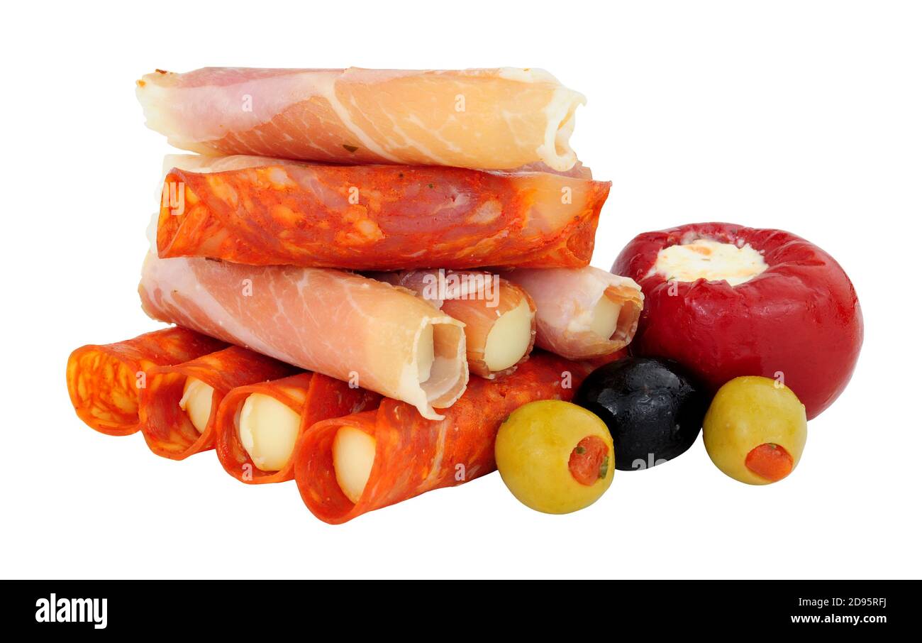 Group of Serrano ham and chorizo rollitos filled with Gouda and Iberico ...