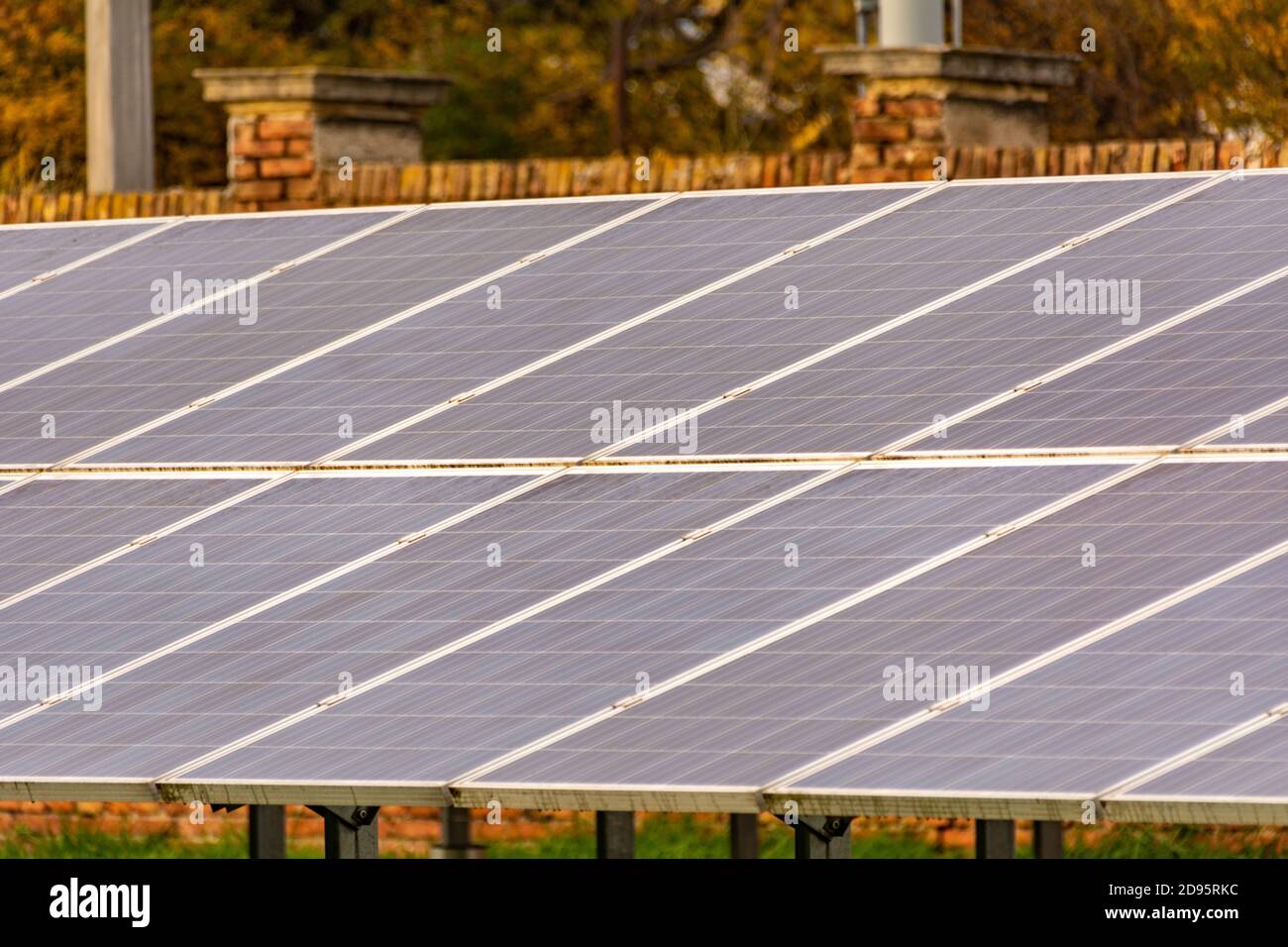 Solar panels (solar cell) in a solar farm with sun lighting to create ...