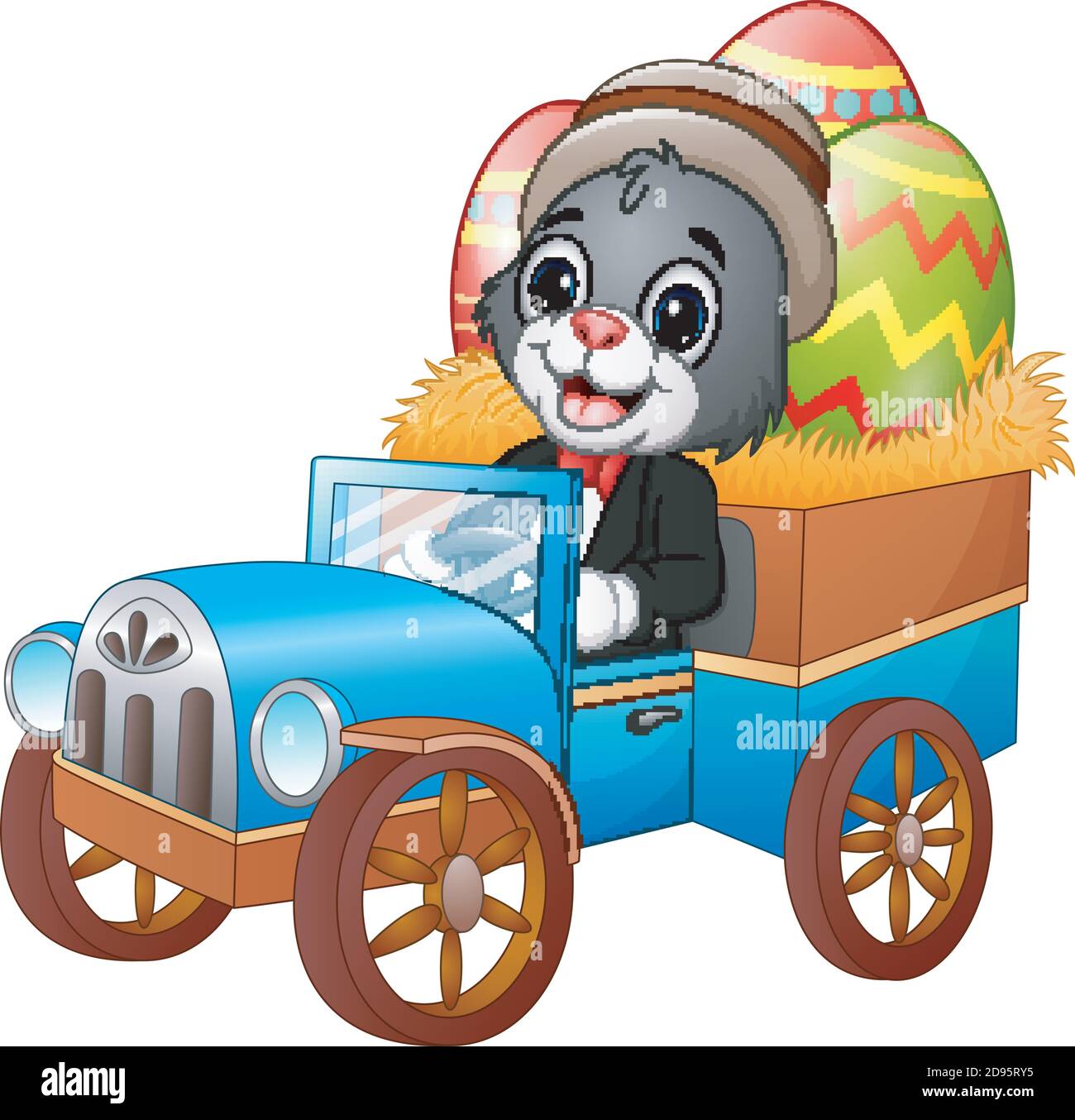 Vector illustration of Easter Bunny driving a car carrying easter eggs ...