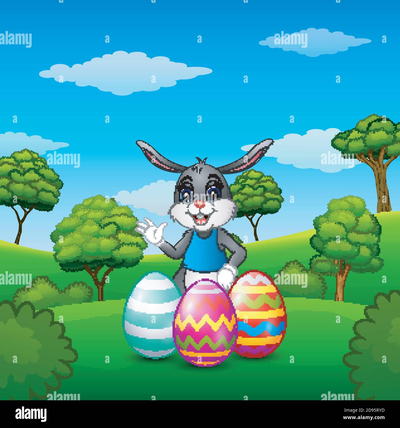 Vector illustration of Cartoon bunny waving hand with easter eggs in ...