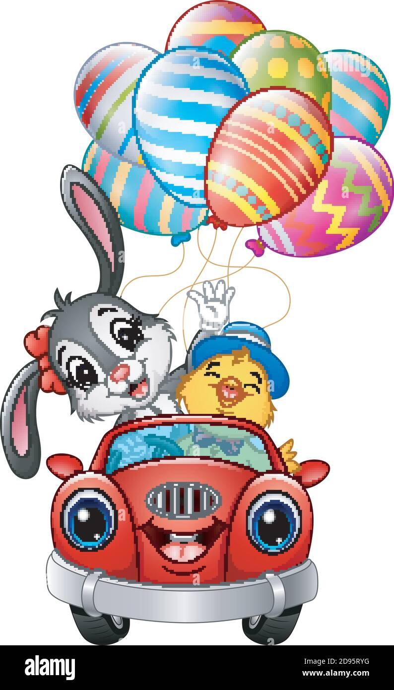 Vector illustration of Easter bunny with chicks driving a car carries ...
