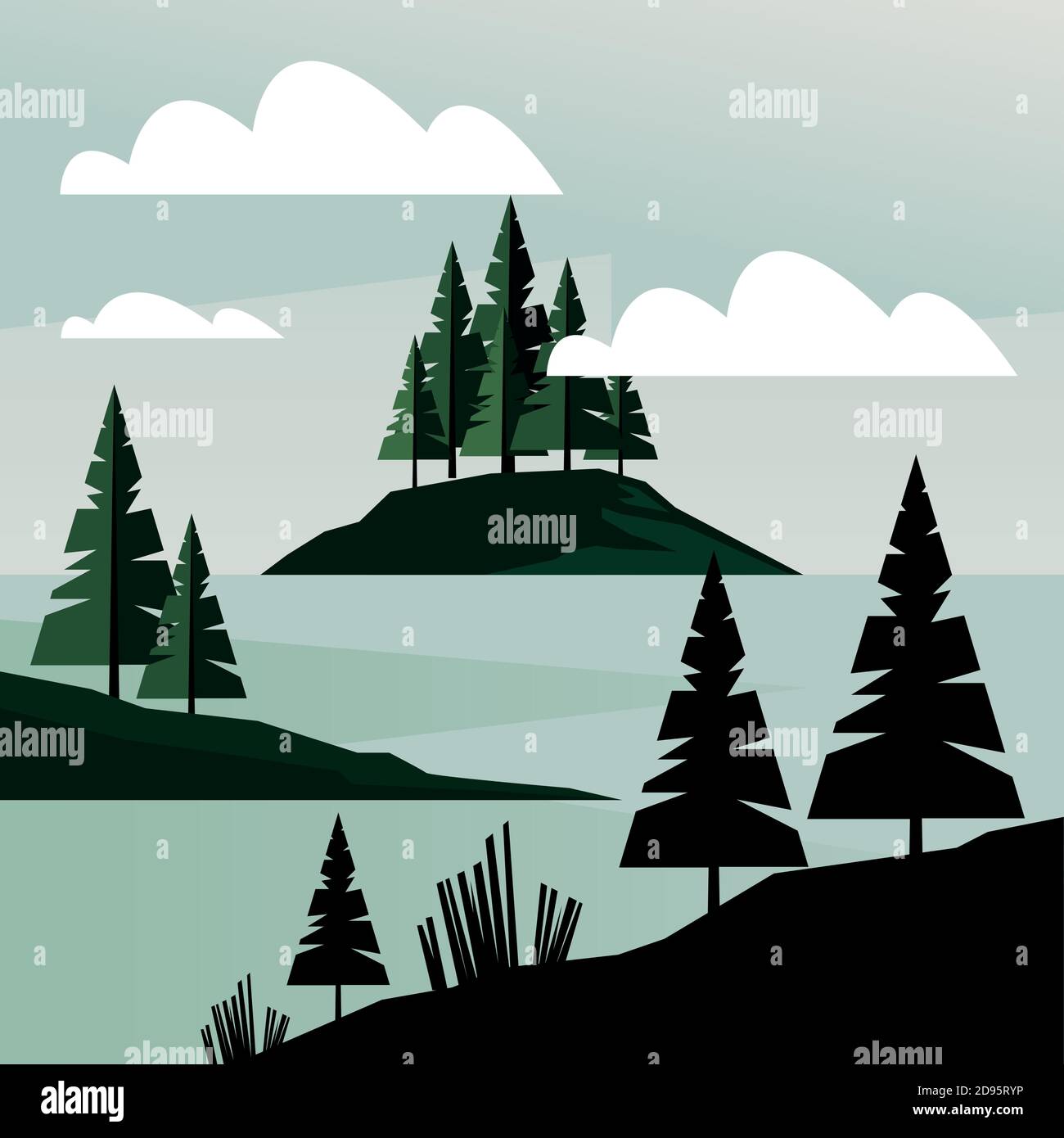beautiful landcape scene with coniferus forest and lake vector ...