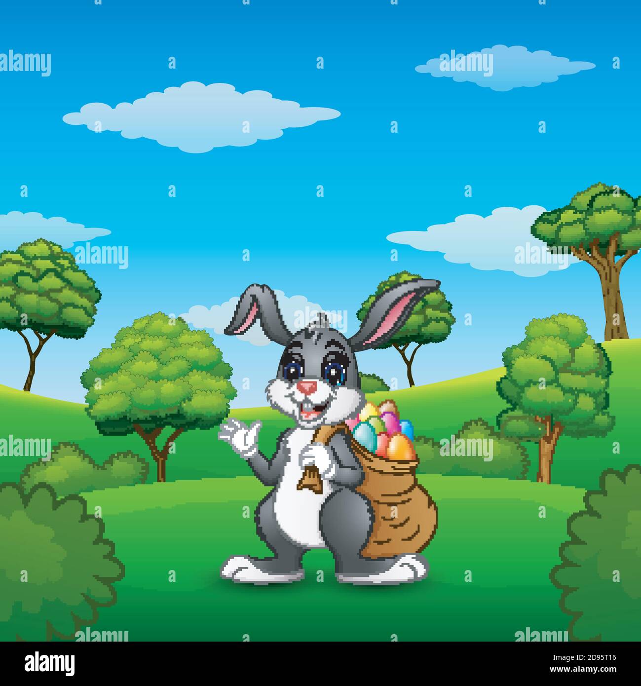 Vector illustration of Easter bunny rabbit with easter eggs a sack of ...