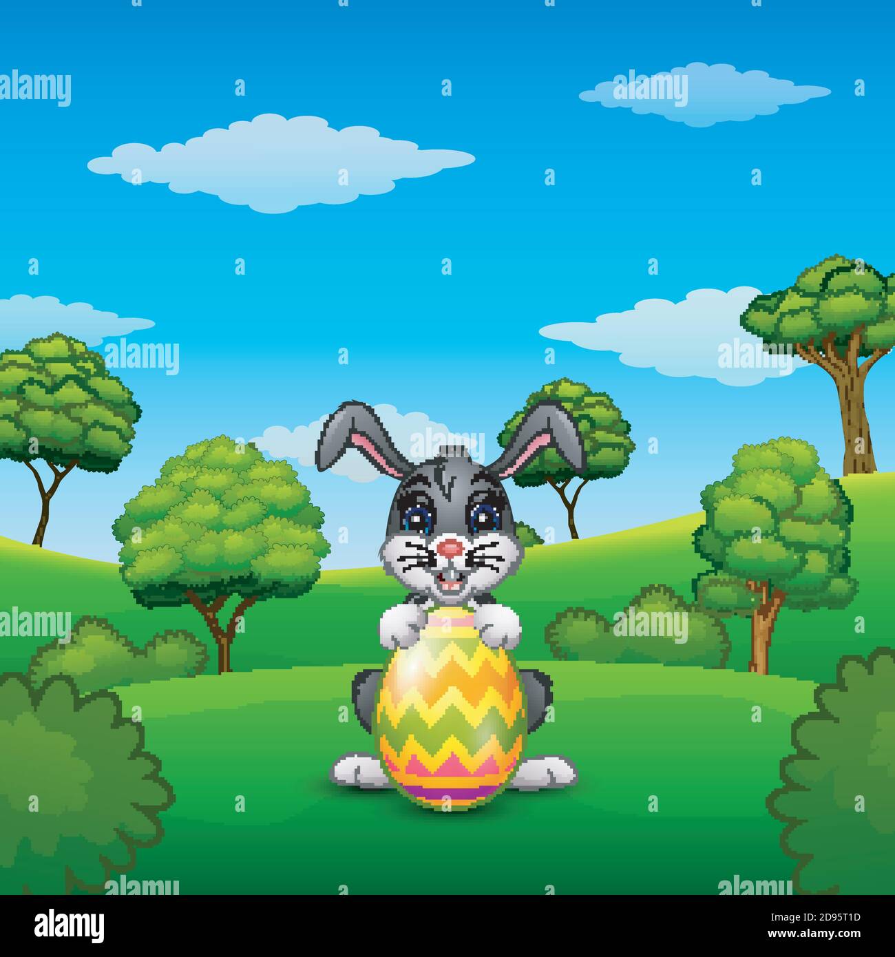 Vector illustration of Cartoon bunny holding easter eggs in the park ...
