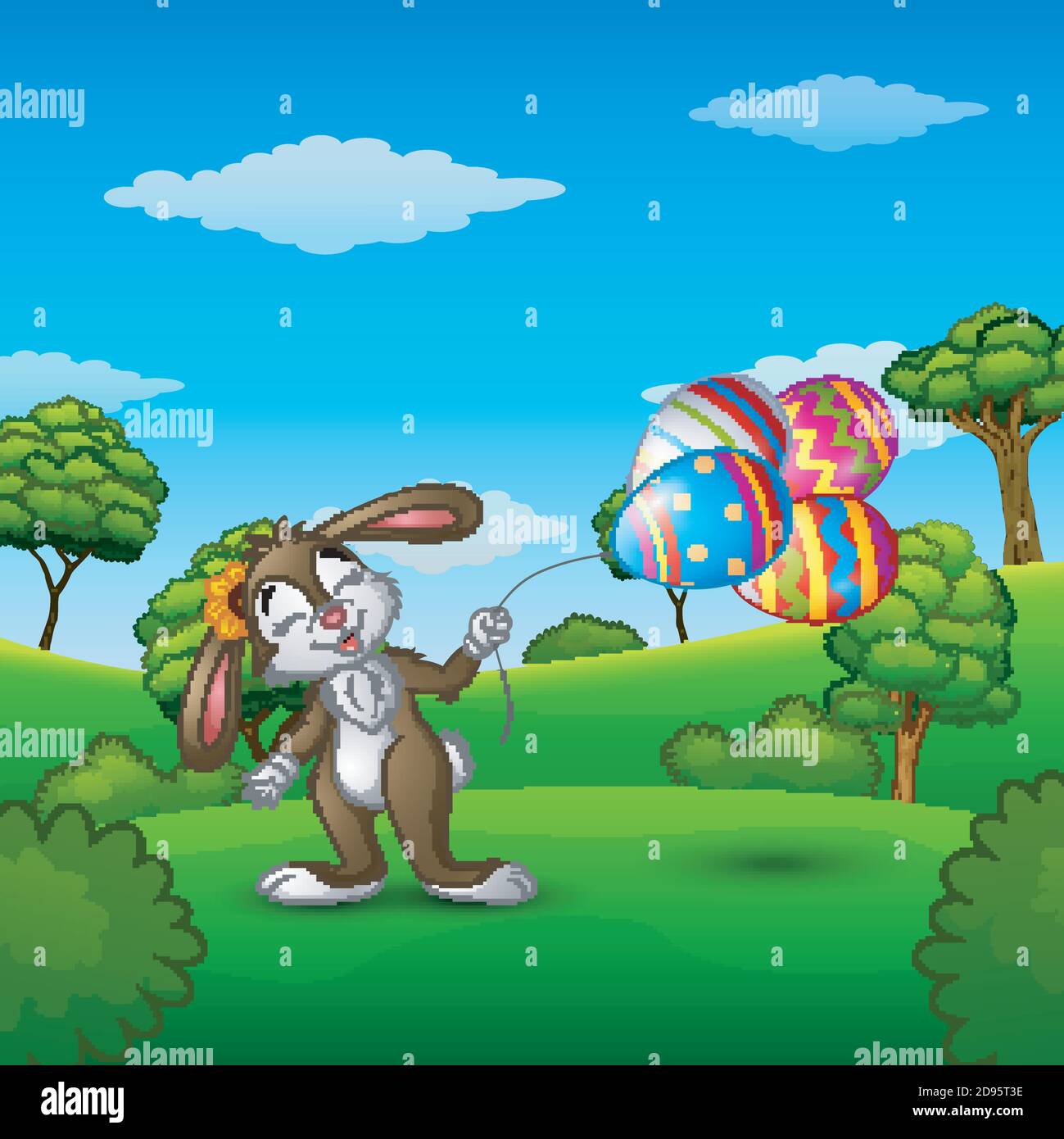 Vector illustration of Easter bunny holding easter eggs balloons in the ...