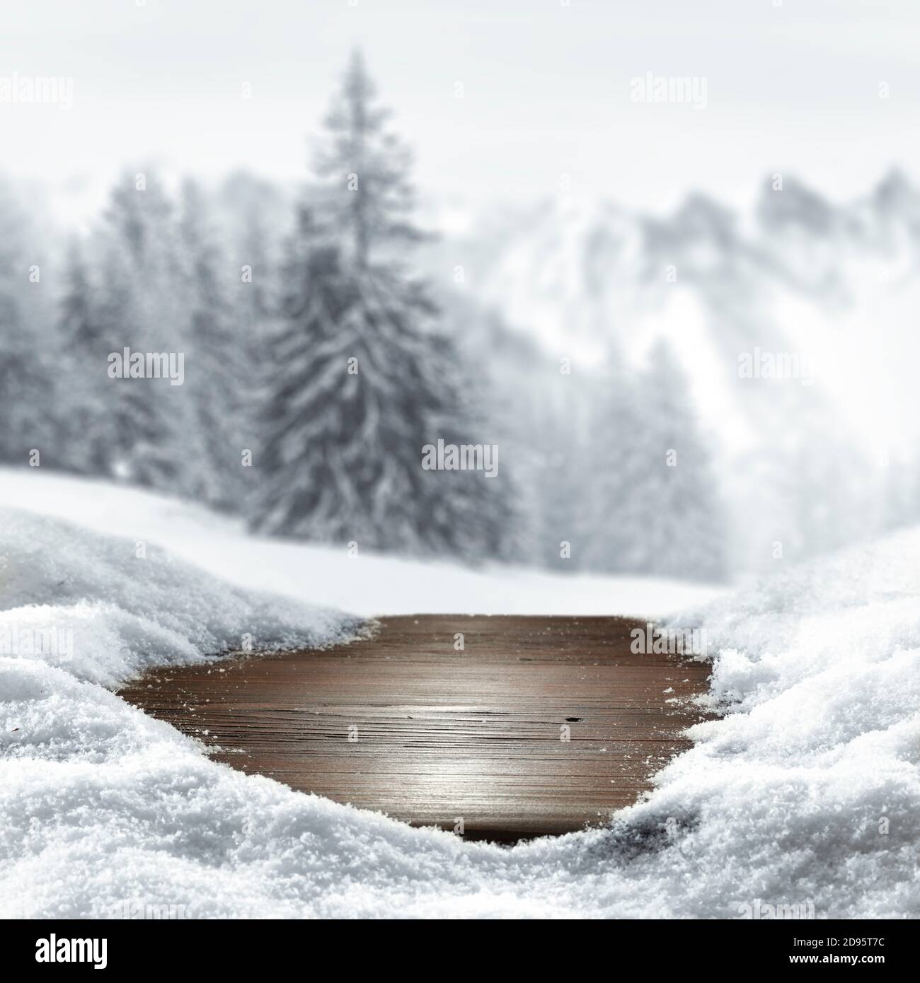 Snowy white and blue forest in winter time. Wooden table board with ...