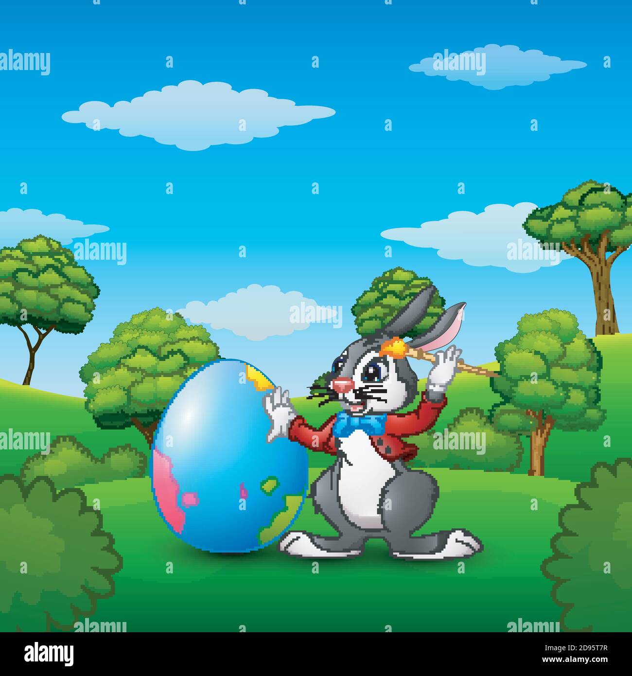 Vector illustration of Cartoon easter bunny painting easter eggs in the ...