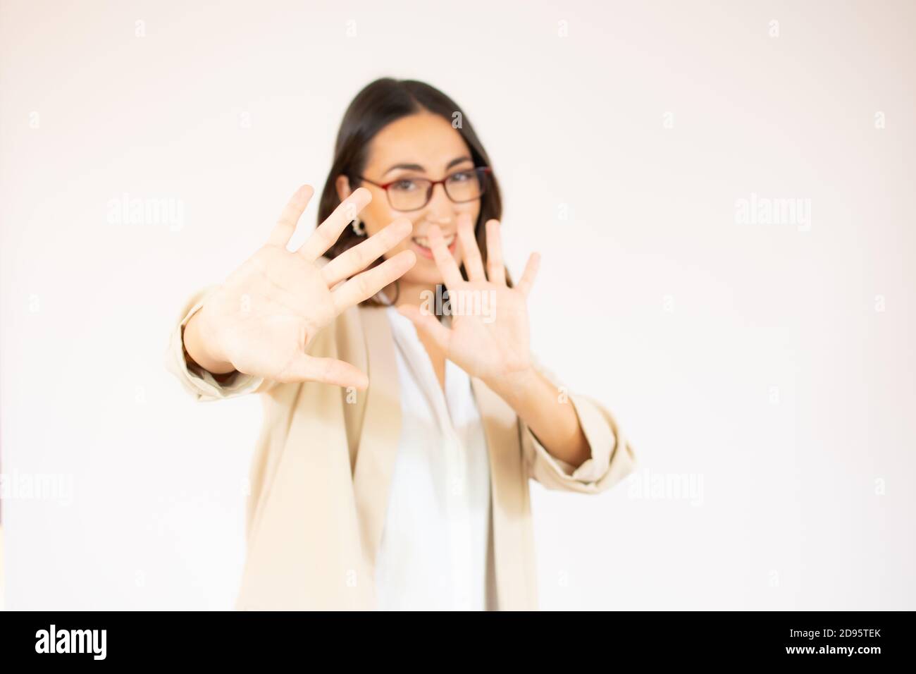 Shocked woman stop hands hi-res stock photography and images - Alamy