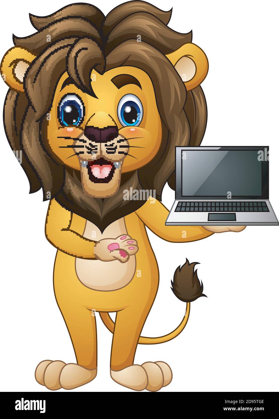 Vector illustration of Funny lion cartoon presenting a laptop Stock ...