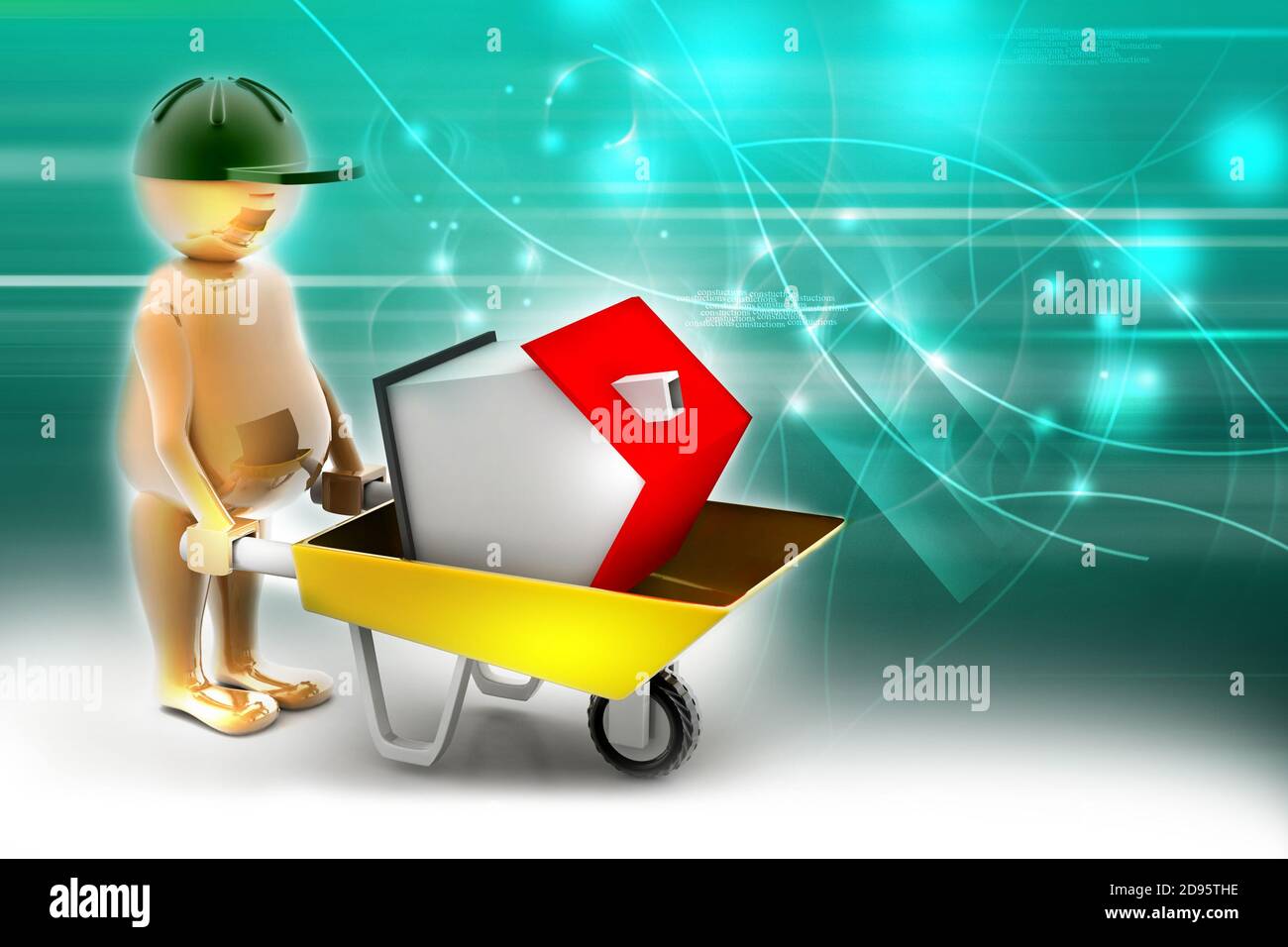 3D multi use construction worker with a wheelbarrow in white background ...