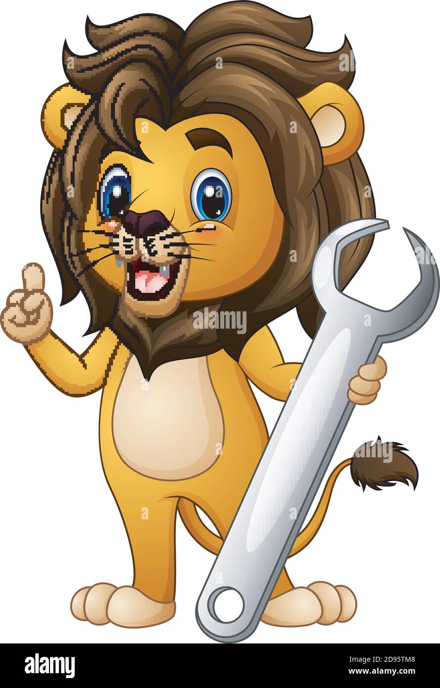 Vector illustration of Cartoon lion pointing with holding a wrench ...