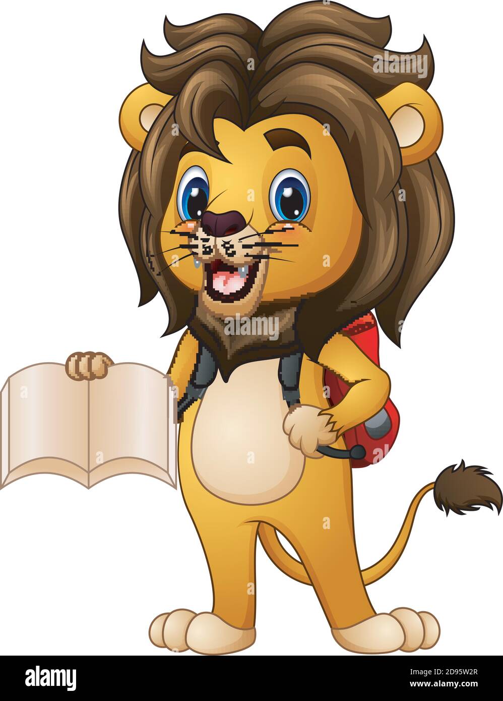 Vector illustration of Cartoon lion holding a book with backpack Stock ...
