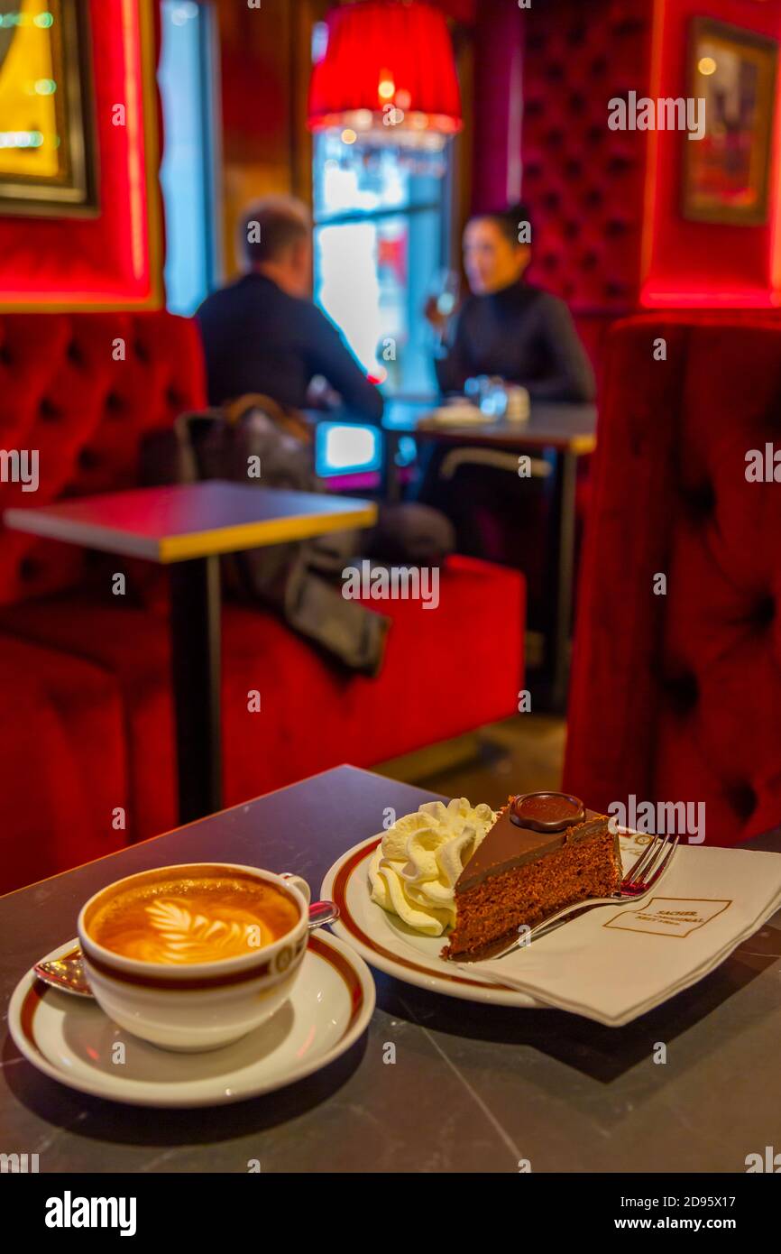 Traditional Sacher Chocolate Cake and coffee, Café Sacher Wien, Vienna ...