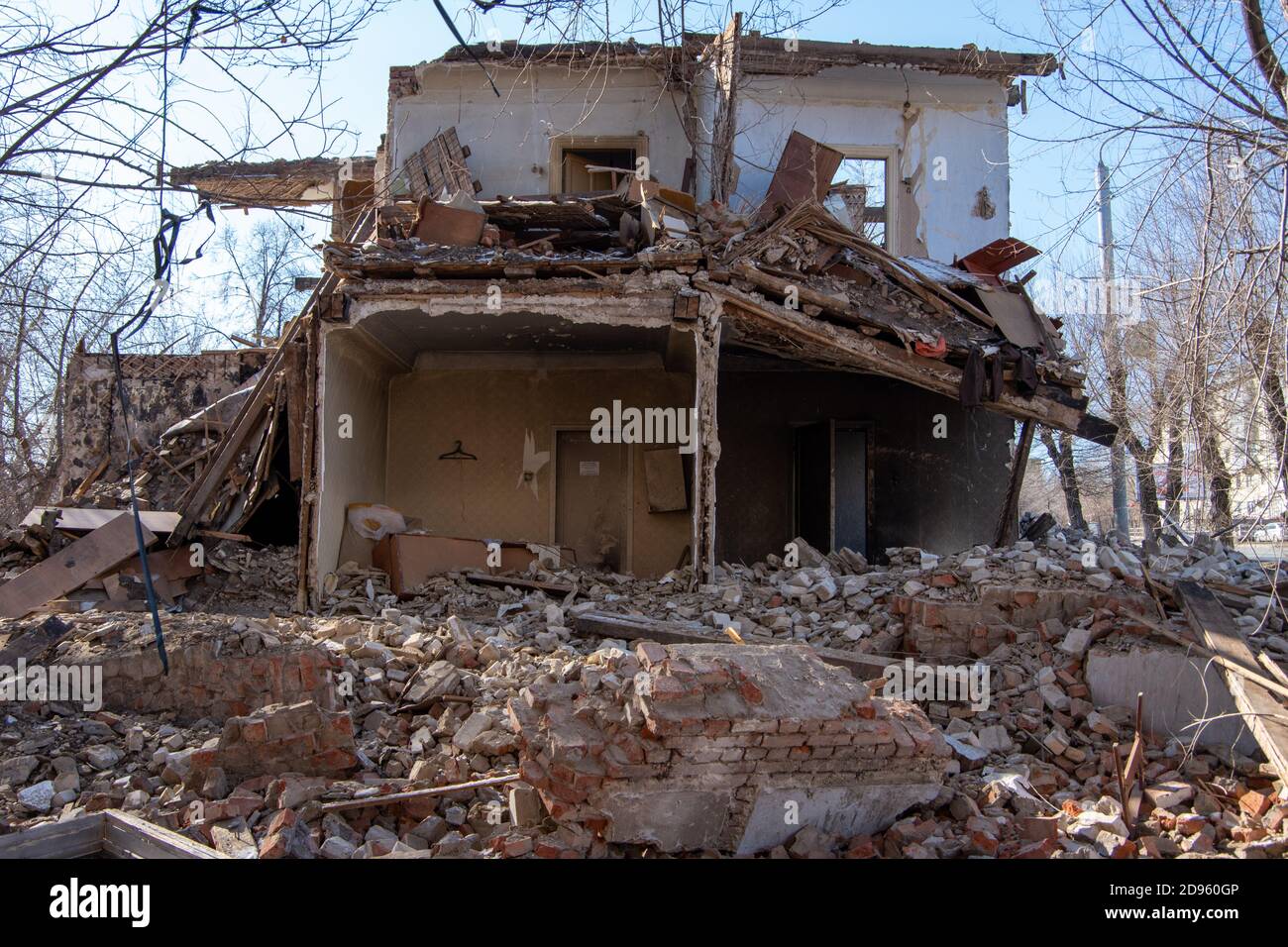 dismantling of old building a building without wall and a roof with a ...
