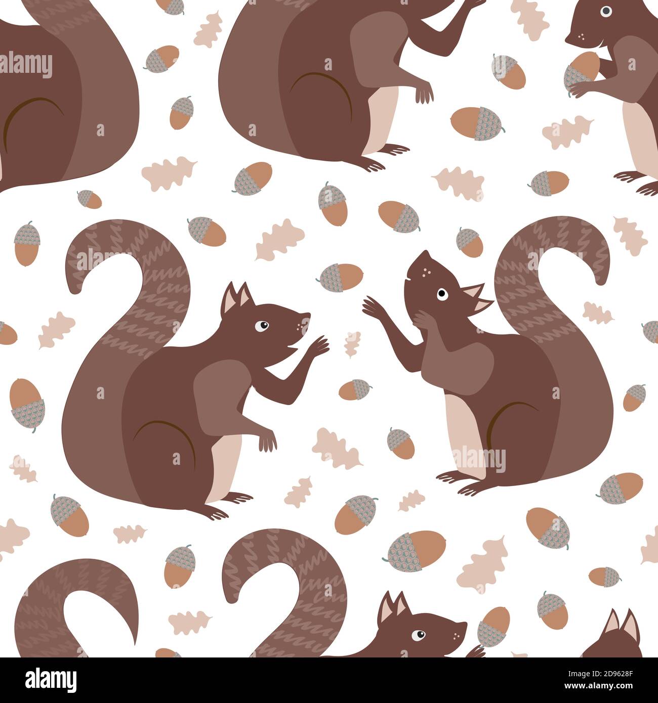 Cute squirrels juggling acorns vector seamless pattern background. Scattered fun woodland ...