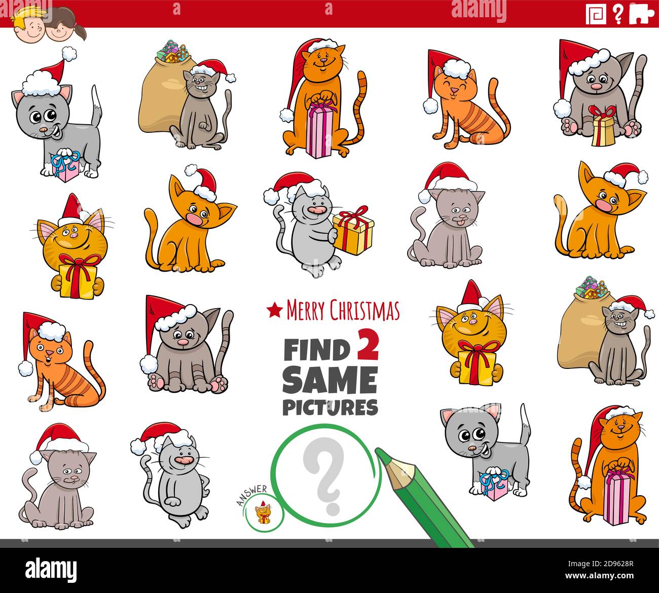 Cartoon illustration of finding two same pictures educational game with ...