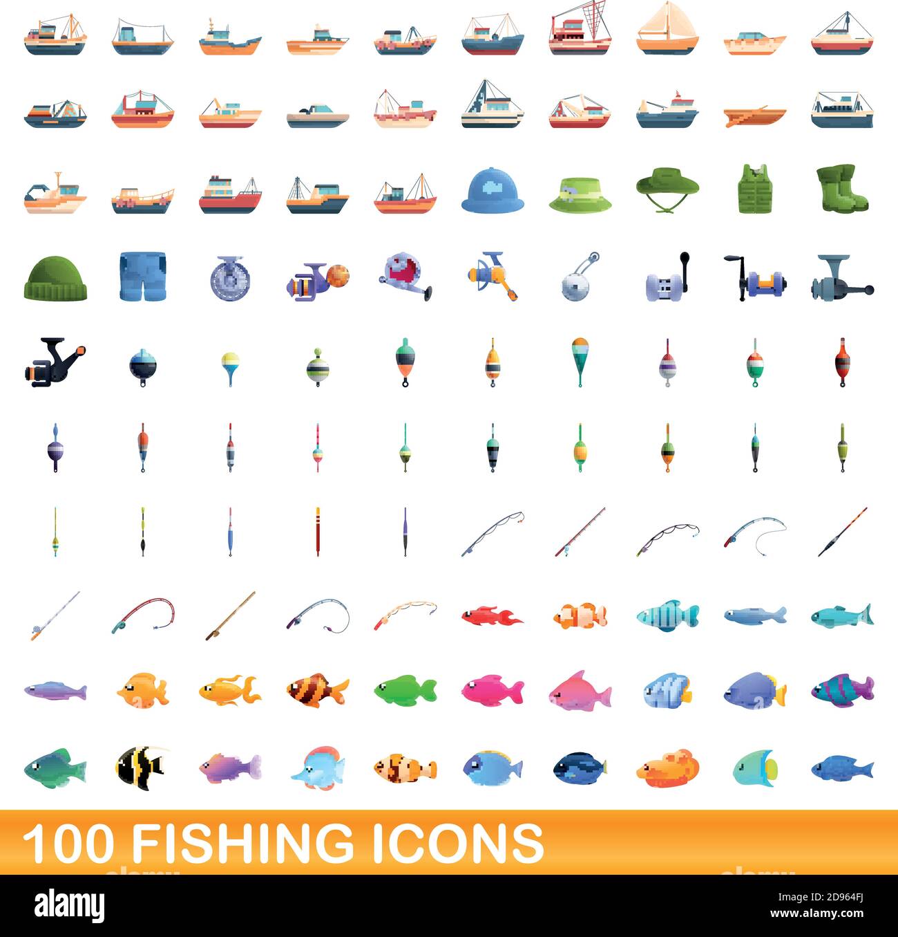 100 fishing icons set. Cartoon illustration of 100 fishing icons vector ...
