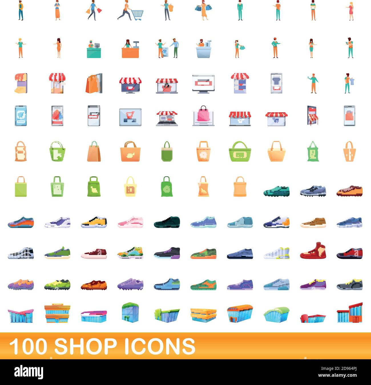 100 shop icons set. Cartoon illustration of 100 shop icons vector set ...